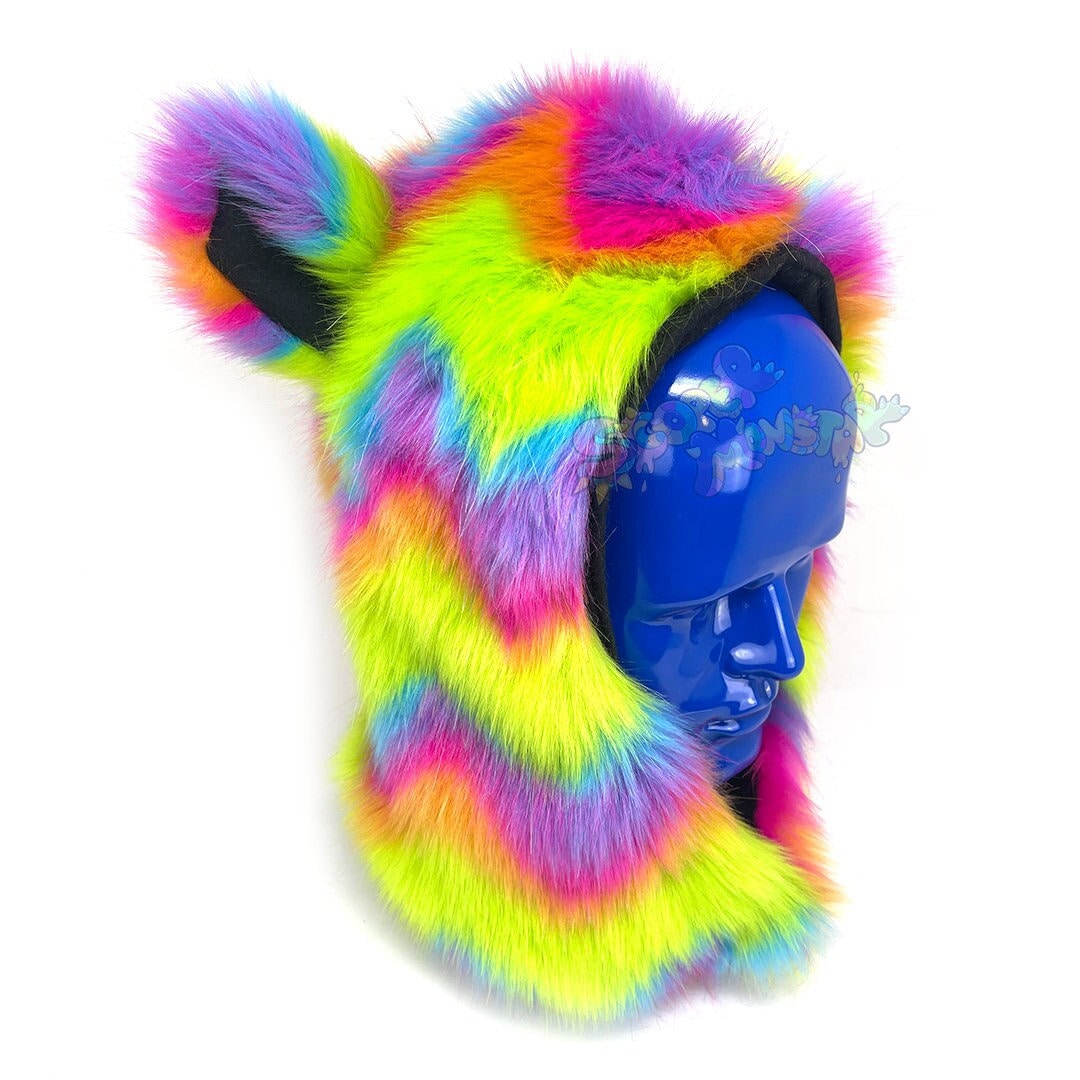 Neon Wavy Rainbow Faux Fur Animal Hat - Winter Hat - Raver Hood - Etsy