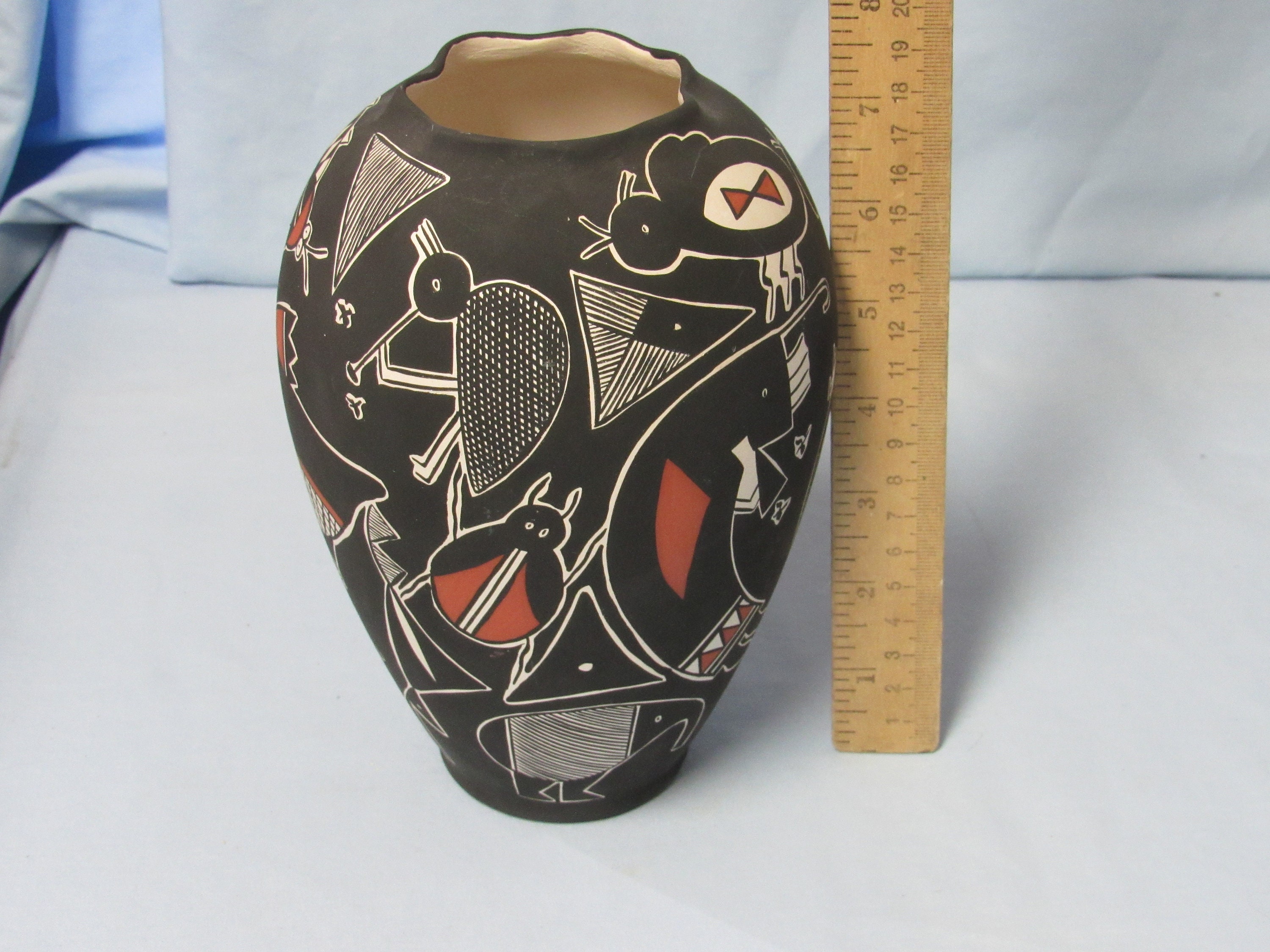 Acoma Pottery Mimbres Design With Flute Player Ladybugs Quail Fish and ...