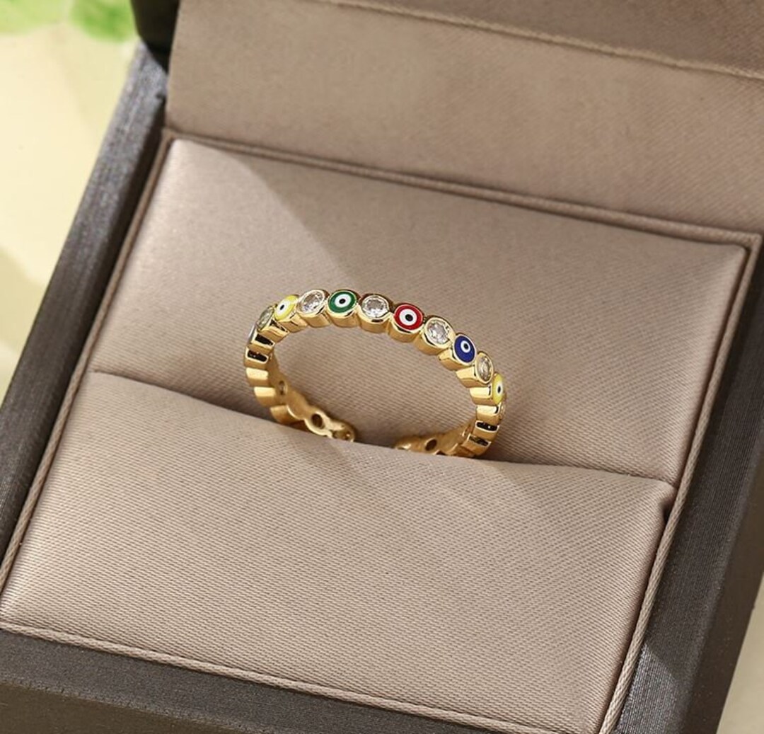 Evil Eye Stackable Ring, Blue Lucky Evil Eye Adjustable Ring, Gold ...