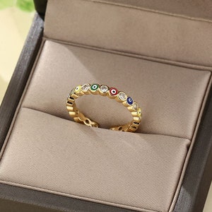 Evil Eye Stackable Ring, Blue Lucky Evil Eye Adjustable Ring, Gold Rainbow Evil Eye Open Ring ...