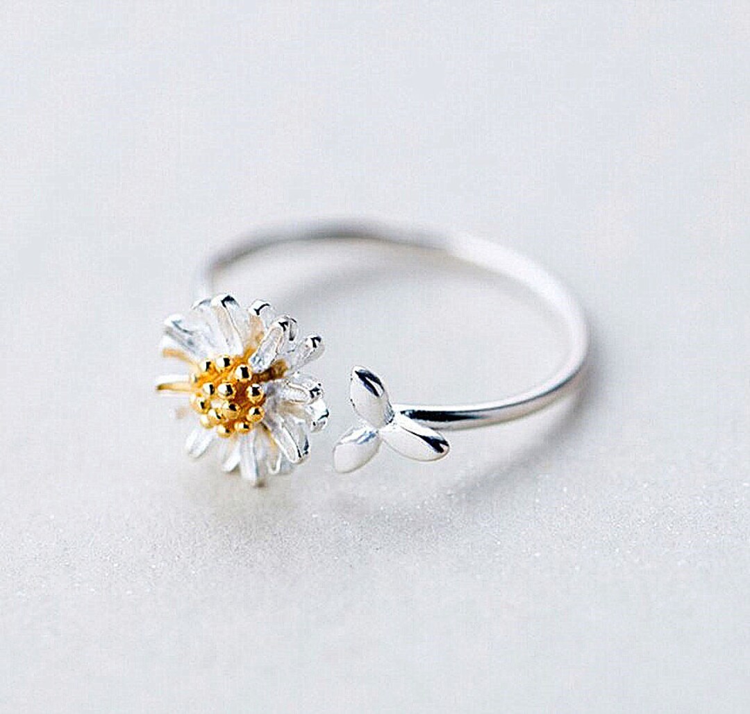 Silver Daisy Leaf Open Ring, Chic Daisy Adjustable Ring, Dainty Flower ...