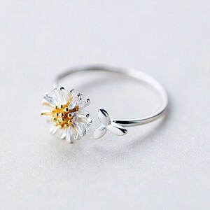 Silver Daisy Leaf Open Ring, Chic Daisy Adjustable Ring, Dainty Flower ...