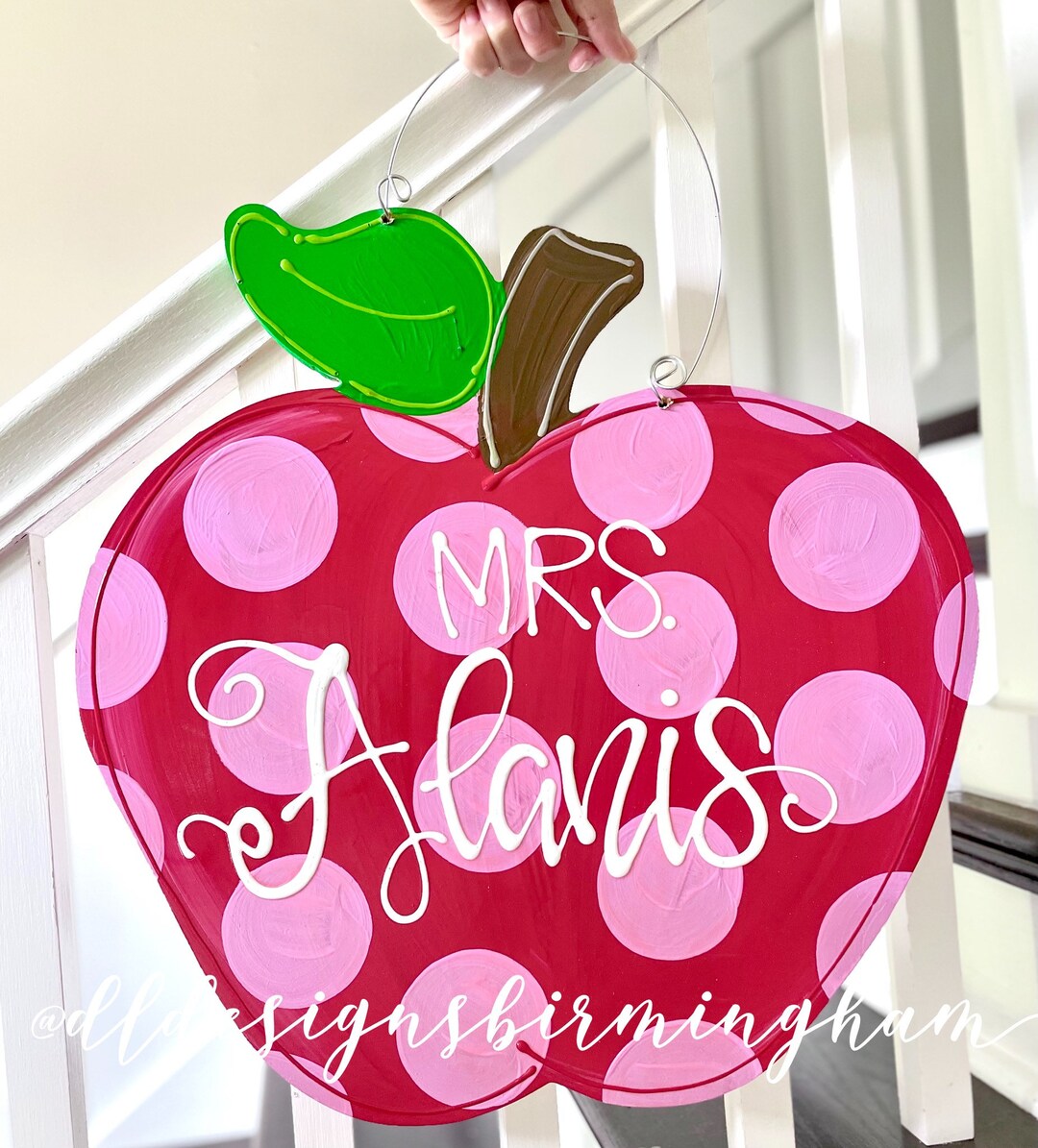 Apple Teacher Door Hanger Hand Lettered Apple Polka Dots Classroom ...