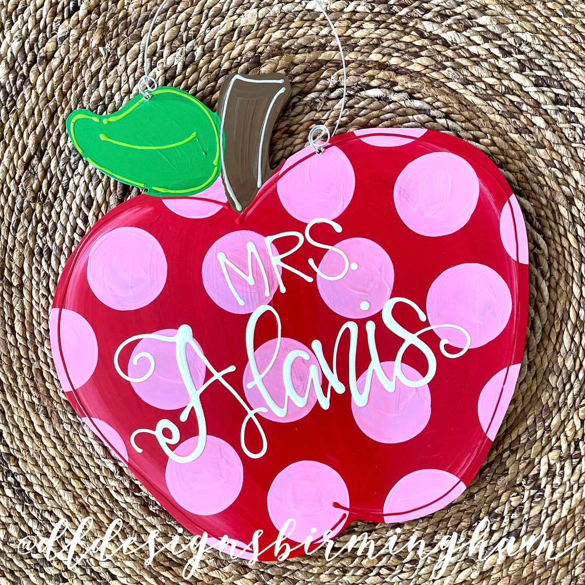 Apple Teacher Door Hanger Hand Lettered Apple Polka Dots Classroom ...
