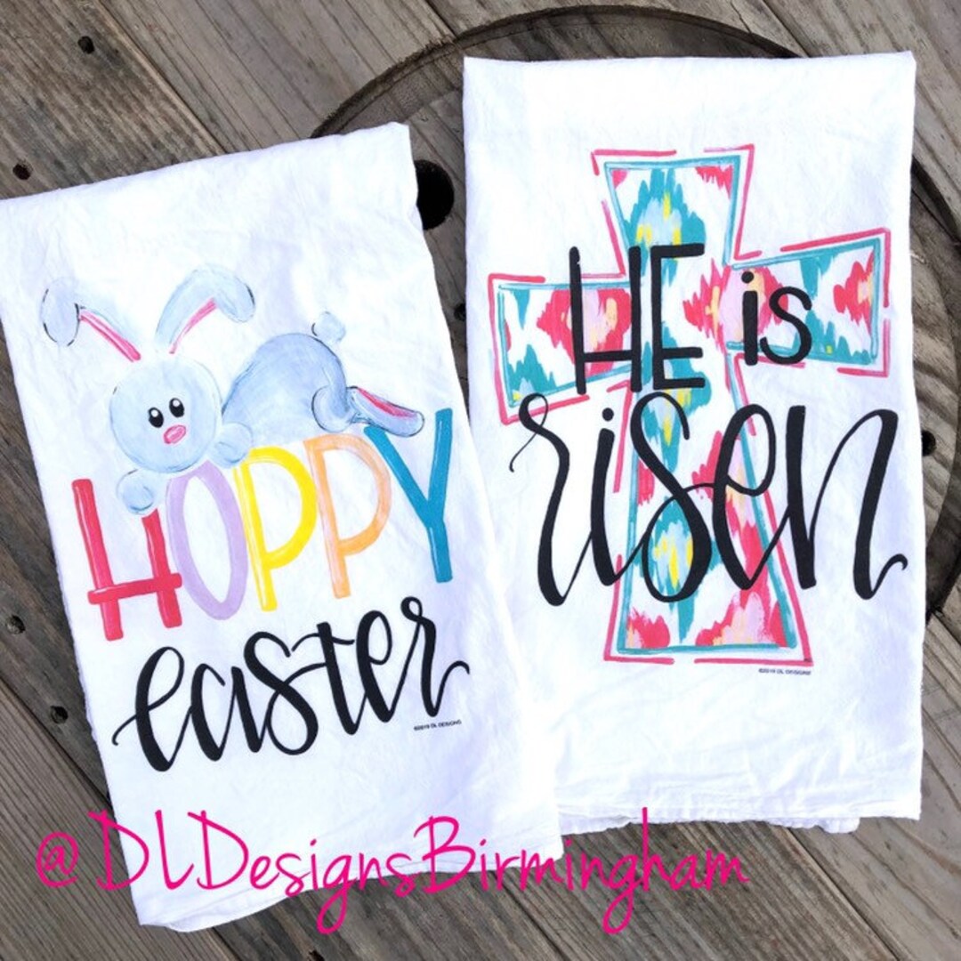 Easter Flour Sack Tea Towel Hand Lettering He is Risen Hoppy Easter ...