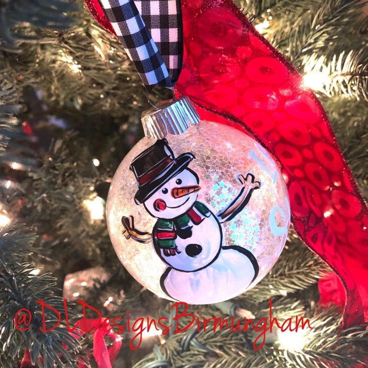Snowman ornament glass handpainted silver or white star let it snow