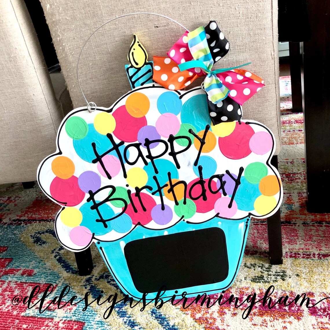Happy Birthday Gender Neutral Cupcake Door Hanger With Chalkboard and ...
