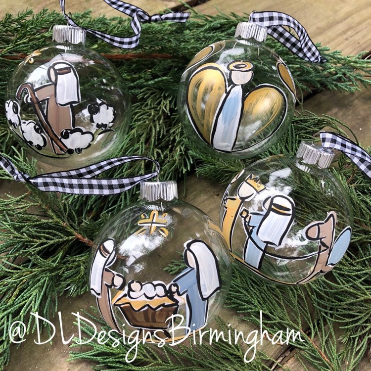 Nativity ornament set glass handpainted clear glass baby Jesus Mary Joseph