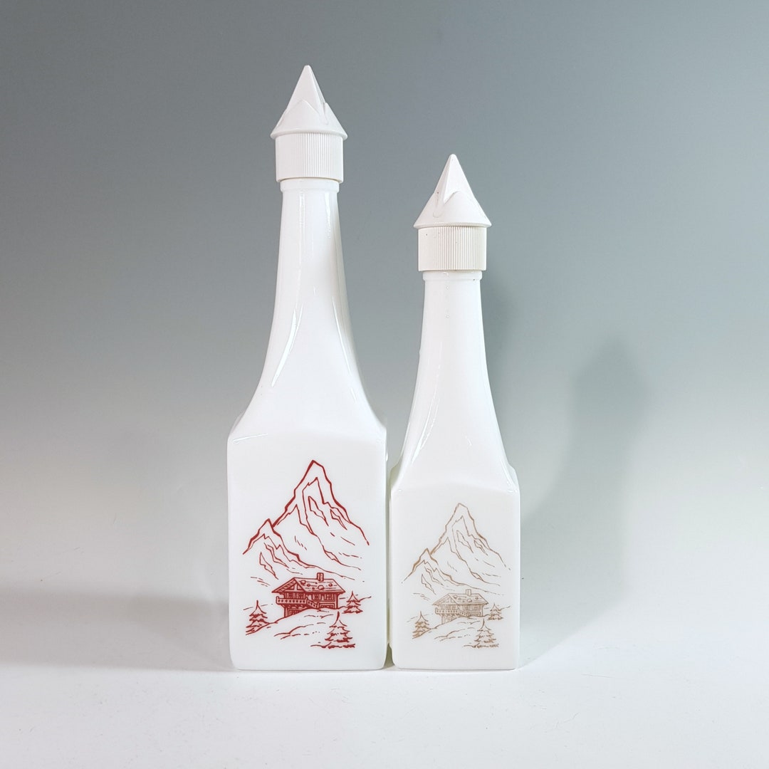 Pair of Milk Glass Liquor Decanters From Switzerland With an Alpine ...