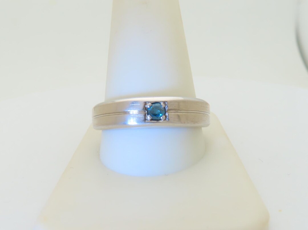 14k White Gold Mens Bands Real Blue Diamond Ring Wedding Band Natural ...