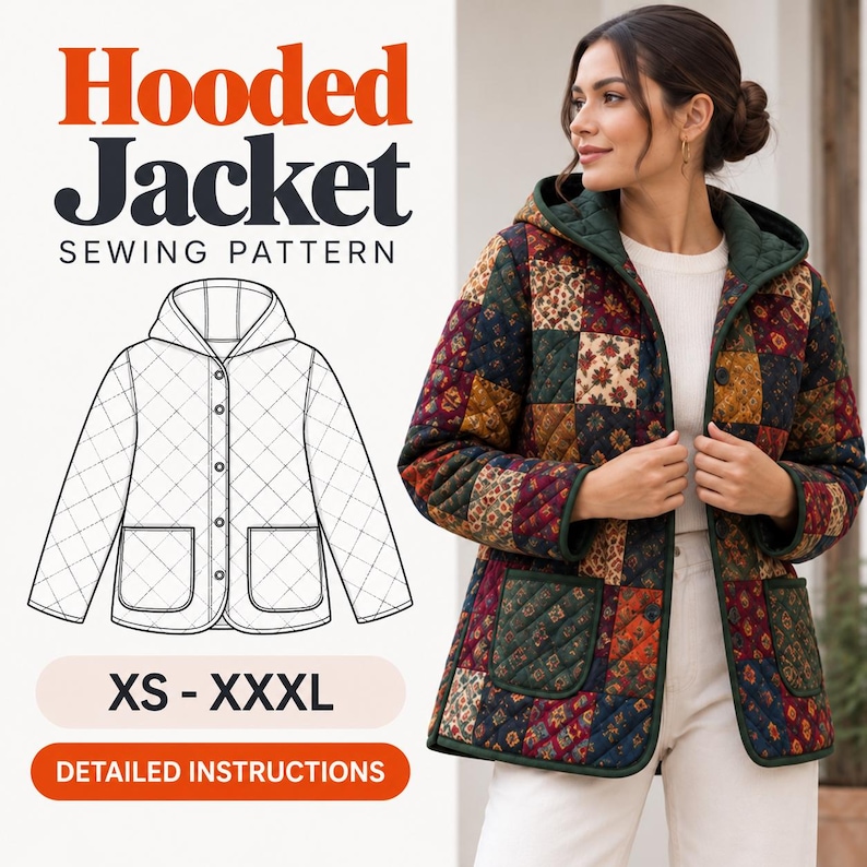 Button Coat Sewing Pattern PDF | Hooded Quilted Jacket With Pockets, XS ...
