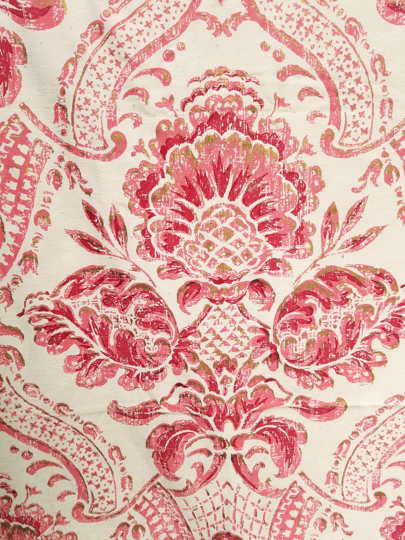 Vintage 50's LYON Hand Print Fabric Upholstery MCM Pinks and Gold ...