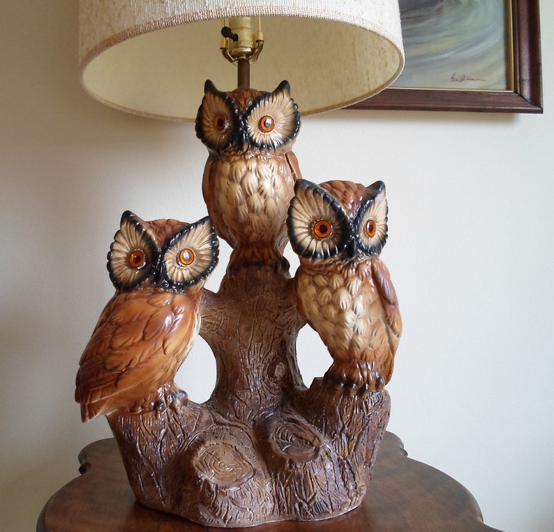 Vintage Owl table lamp with shade Very Retro Three owls | Etsy