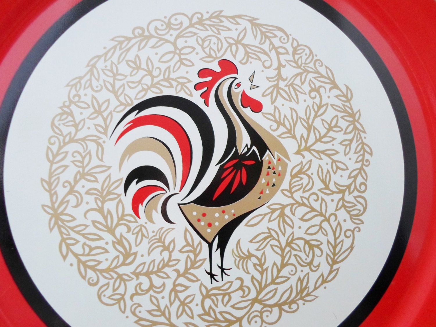 Rooster Tray Large Serving Red Gold Black White - Etsy