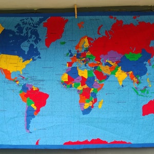 Vintage 1998 World Map Fabric Panel Multi Color, Designed for Fabric ...