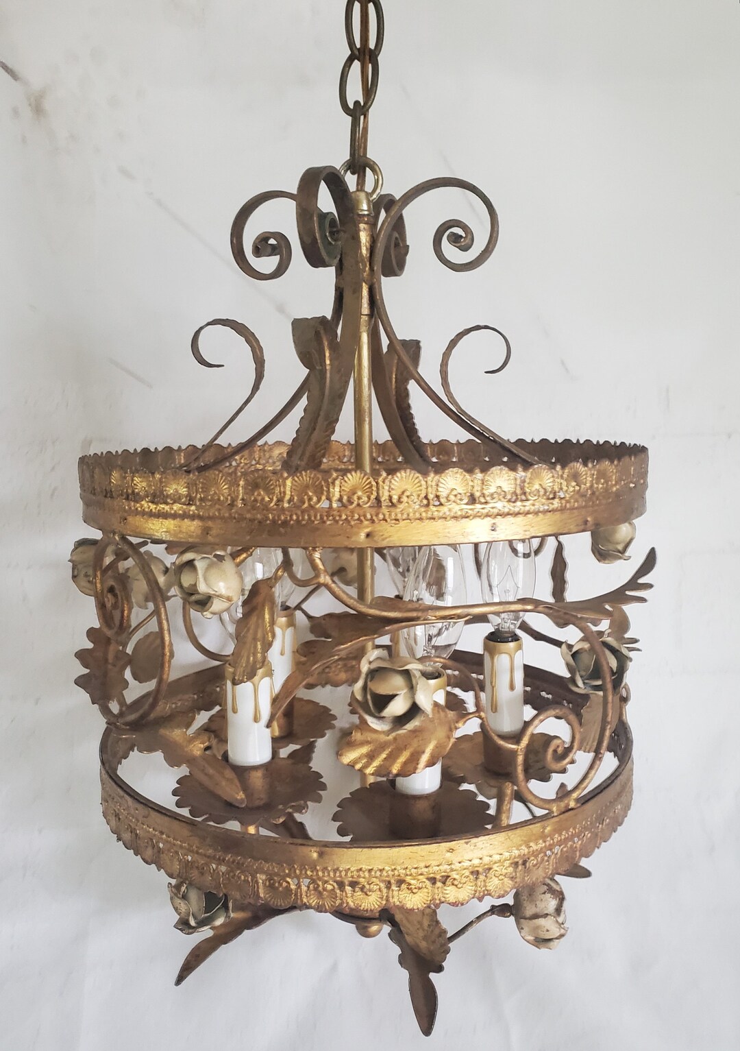 Vintage Italian Tole Floral Pendant Chandelier Gold Gilt Made in Italy ...