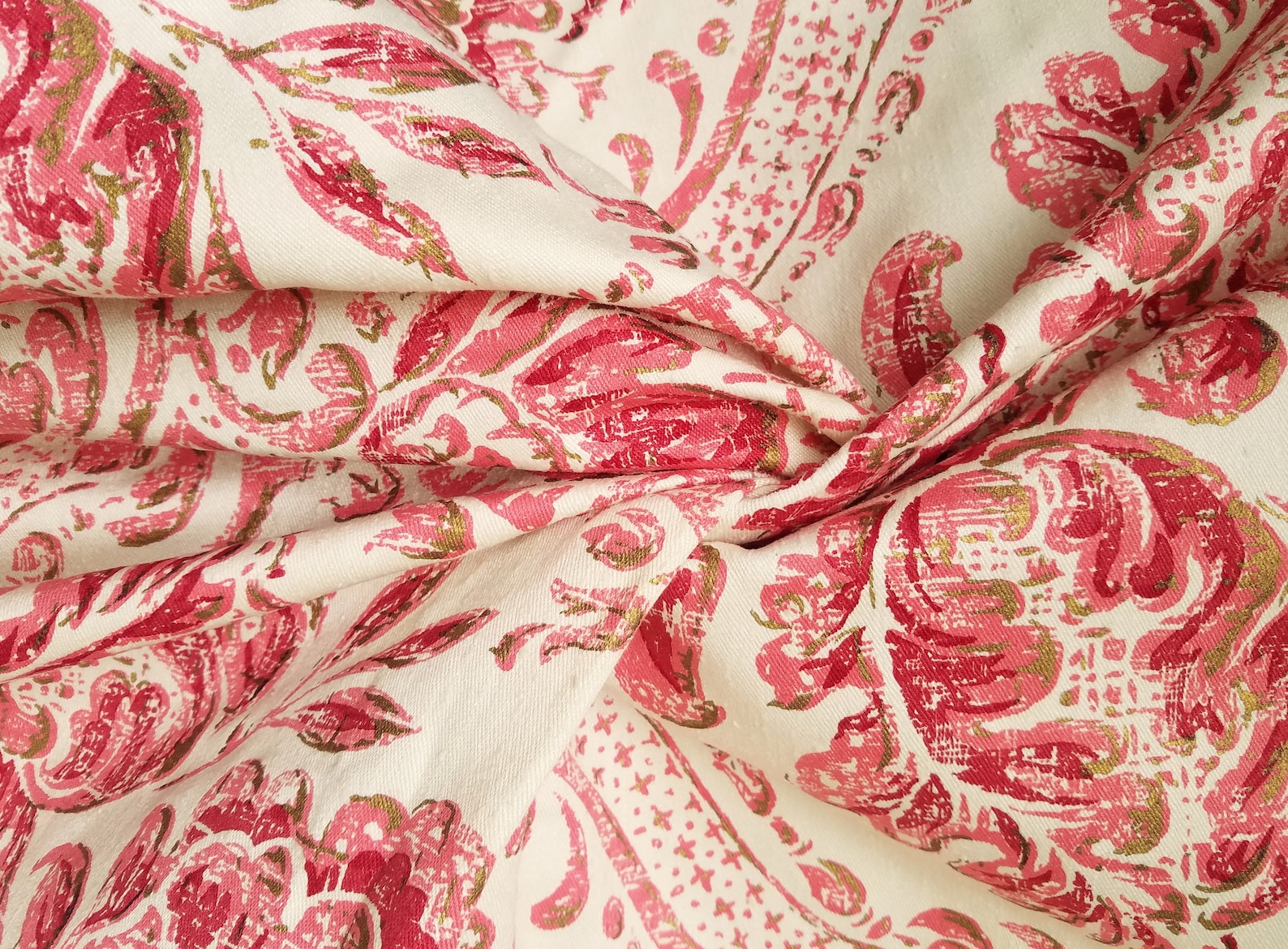 Vintage 50's LYON Hand Print Fabric Upholstery MCM Pinks and Gold ...