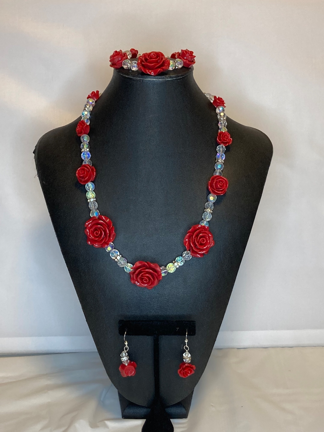Handmade Rose Necklace, Bracelet and Earring Set With Acrylic Red Roses ...