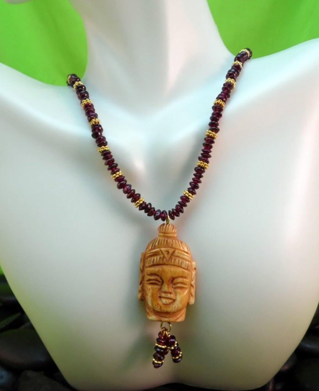 Bone Buddha Pendant, Garnet Saucers, Gold Garnet Bone Buddha Necklace ...