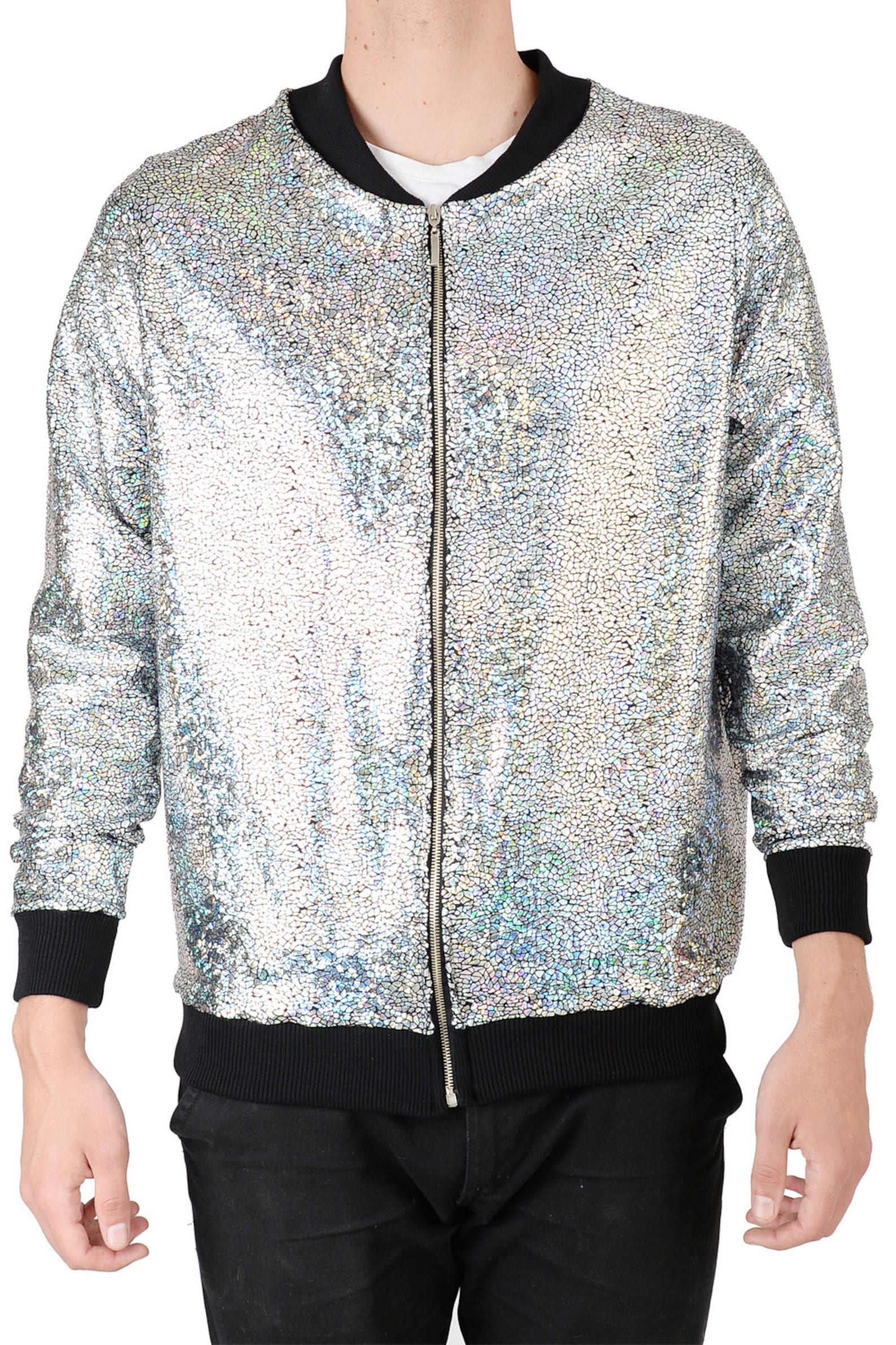 Men's Silver Holographic Disco Bomber Jacket - Etsy
