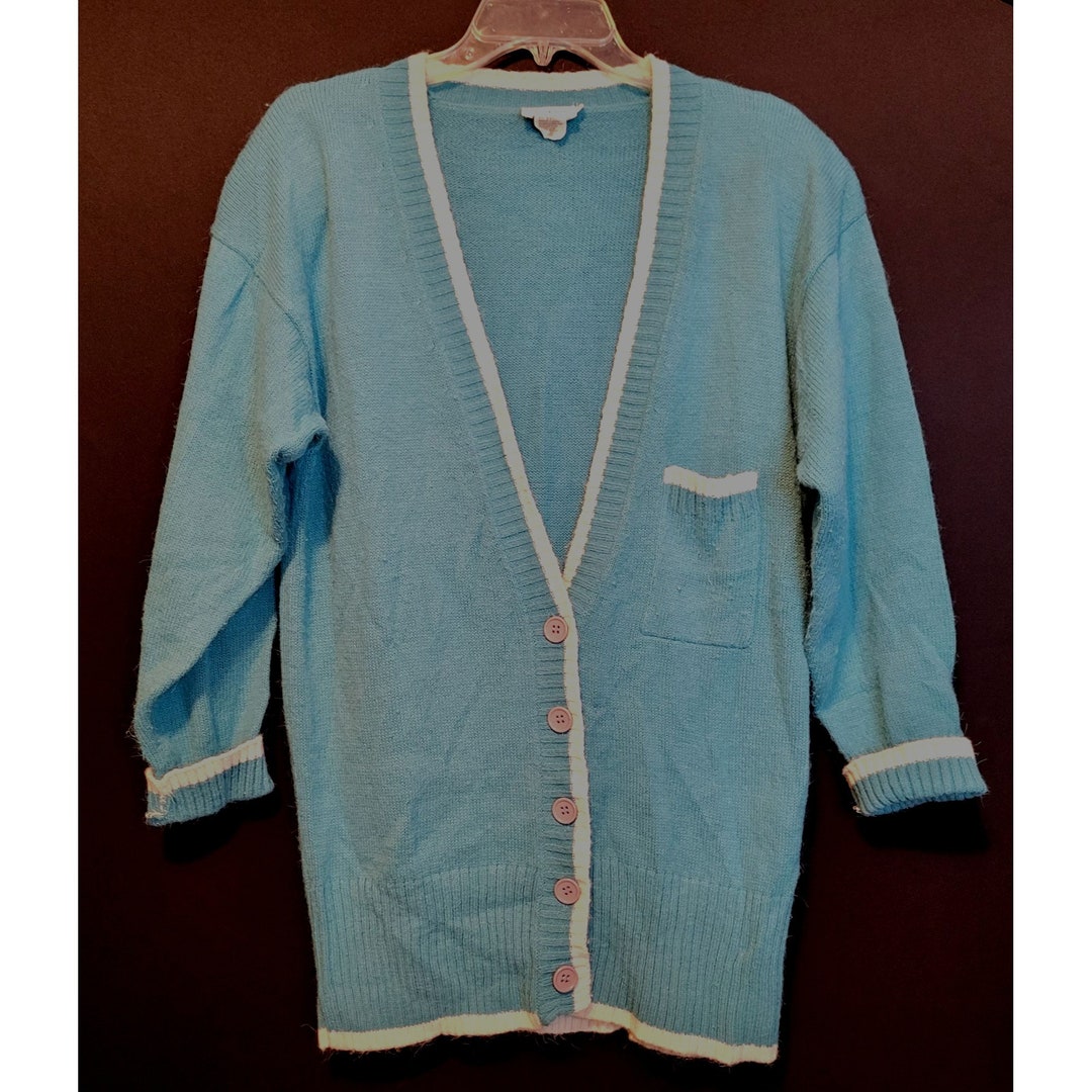 Vintage V Neck Cardigan Turquoise Blue White Trim Tanjay Size Small ...