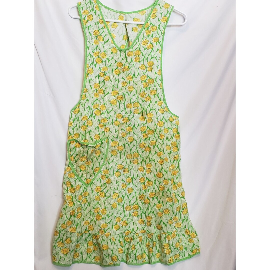 Vintage Apron Handmade Pullover Tie Waist Lime Green Yellow Daisy Print ...