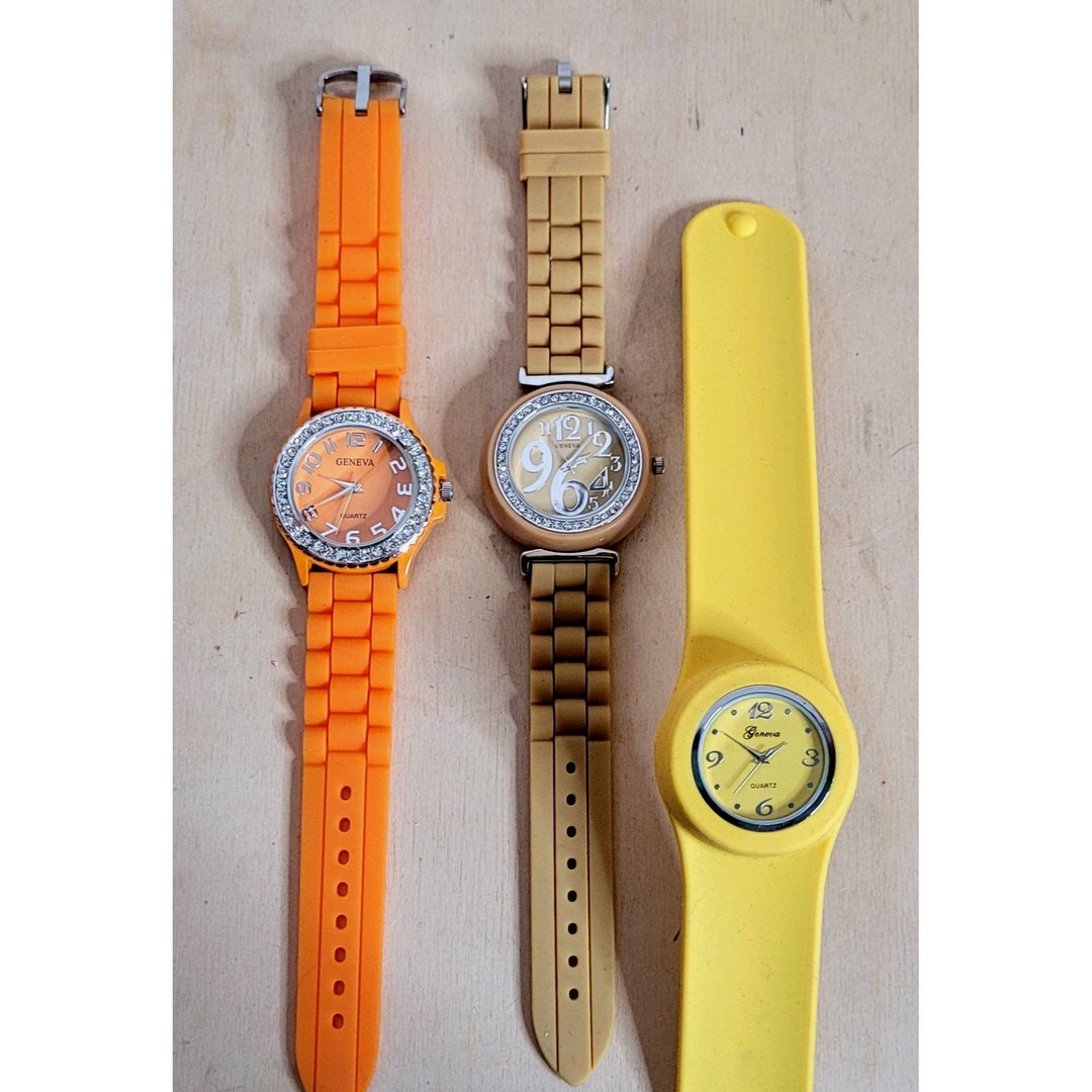 Geneva Watch Lot of 3 Yellow Orange Silicone Bands Untested as is for ...