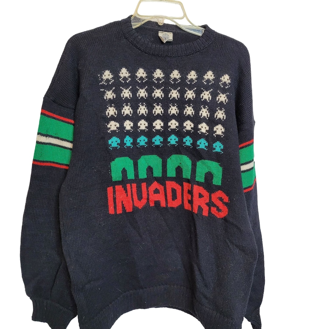 Vintage Space Invaders Sweater Adult XL Knitted 8 Bit Video Game Design ...