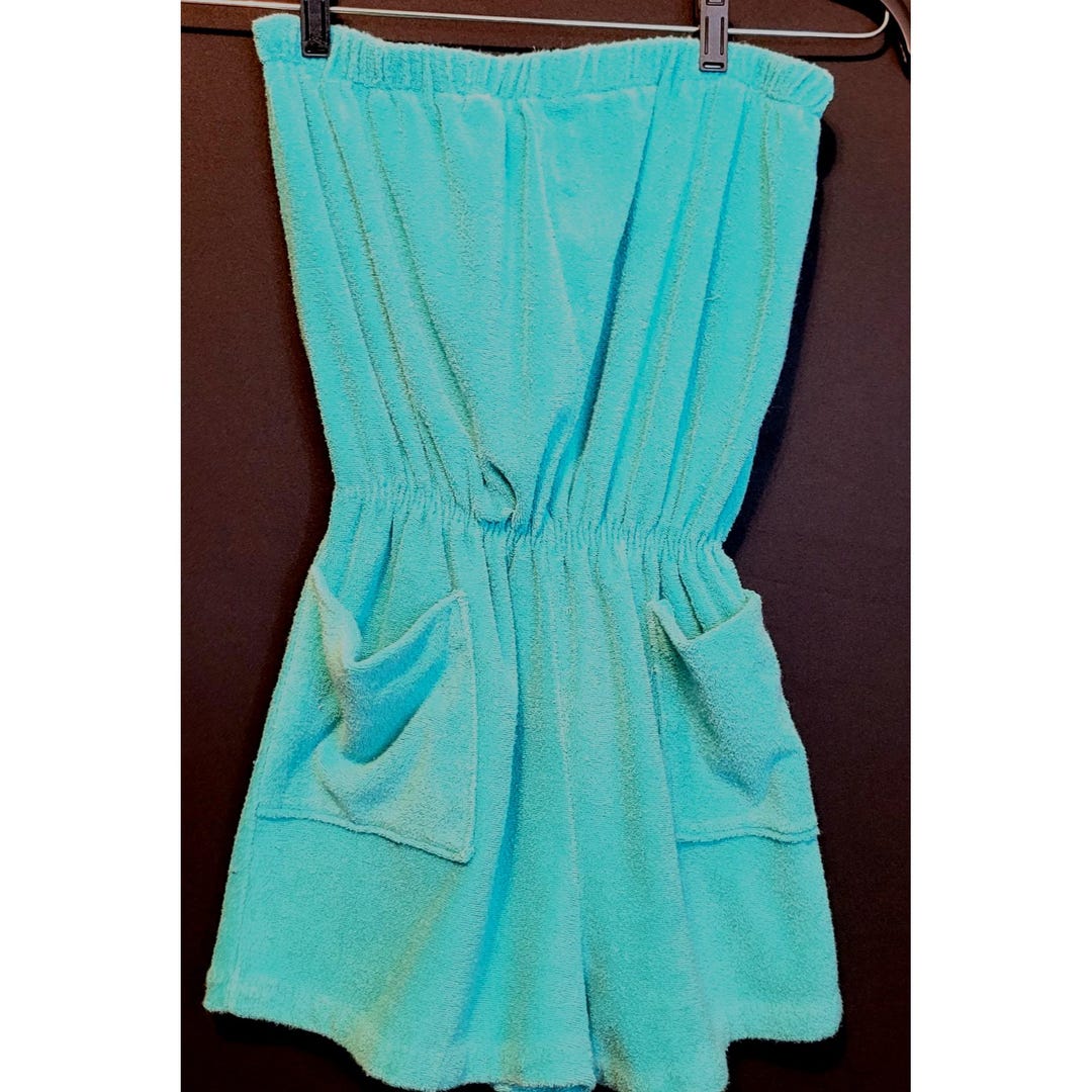 Vintage 70s Romper Terry Cloth Medium Lt Turquoise Blue Pockets ...
