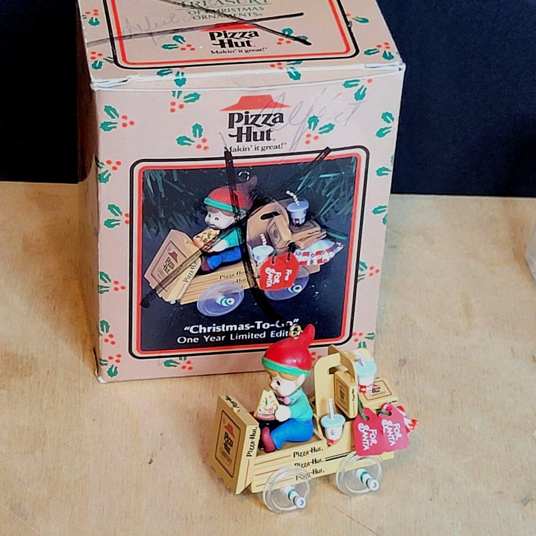 Vintage Enesco Pizza Hut Christmas Ornament Broken Wheels Original Box ...