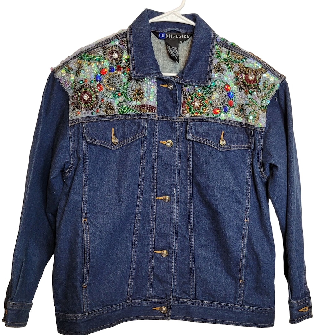 Vintage Sequin Denim Jacket I.B. Diffusion Size 10 Med Shoulder Pads ...