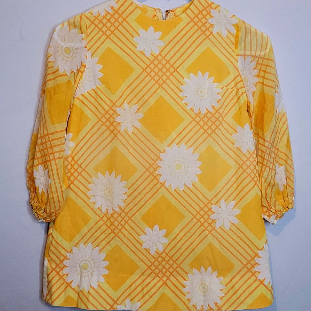 MCM Girls Handmade A Line Dress 60s Retro Yellow White Daisy Zip Back ...