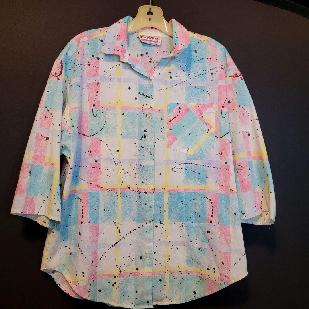 Vintage 80s Button up Shirt Abstract Paint Splatter Pastel Express of ...