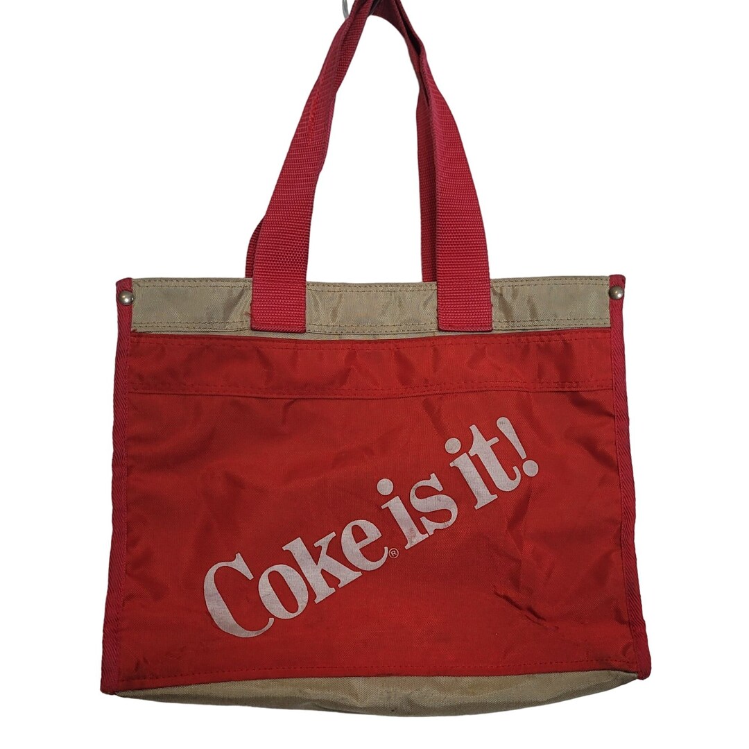 Vintage Coke Coca Cola Tote Bag Tan Red Nylon Pockets Snag on - Etsy