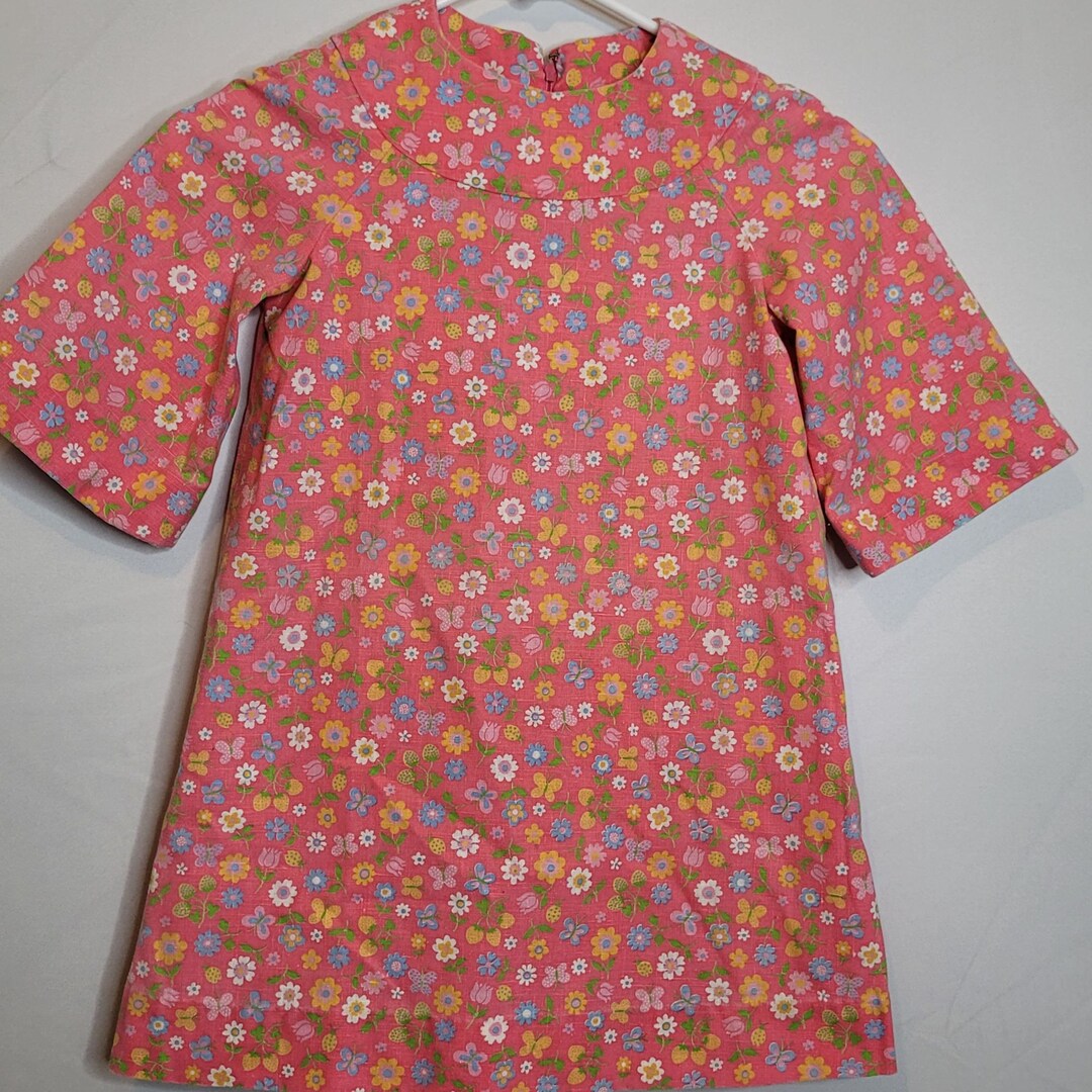 MCM Girls Handmade A Line Dress 60s Retro Pink Flowers Zip Back Size 6 ...