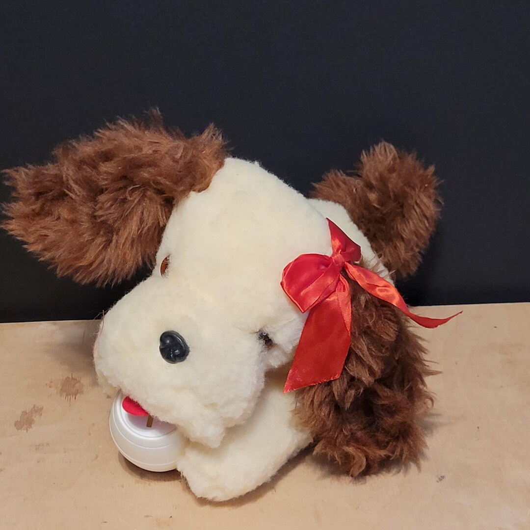 Vintage Plush Dog Toy Plastic Barrel Bank 14 Inches Tail to Nose Red ...