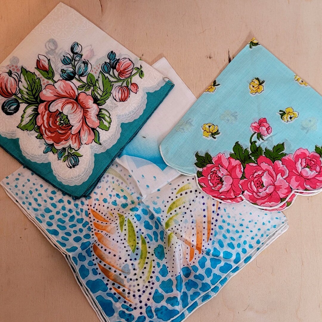 Vintage Handkerchief Set of 3 Floral Print Pink Blue Silk Cotton Asst ...