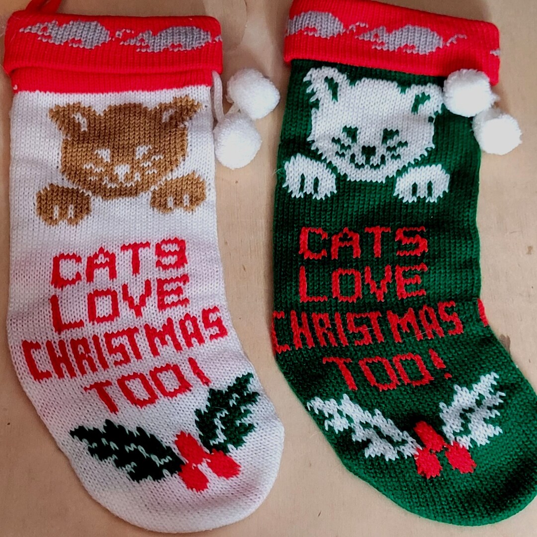 Vintage Cat Stockings Knit Cats Love Christmas Too Set of 2 Green White ...