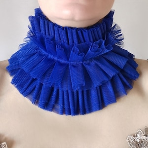 Blue Cobalt Tulle Ruffle Collar Clown Accessory Renaissance High Neck ...