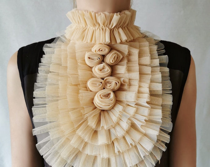 Victorian Jabot Beige Tulle Ruffle Neckpiece With Roses Chest Jewelry ...
