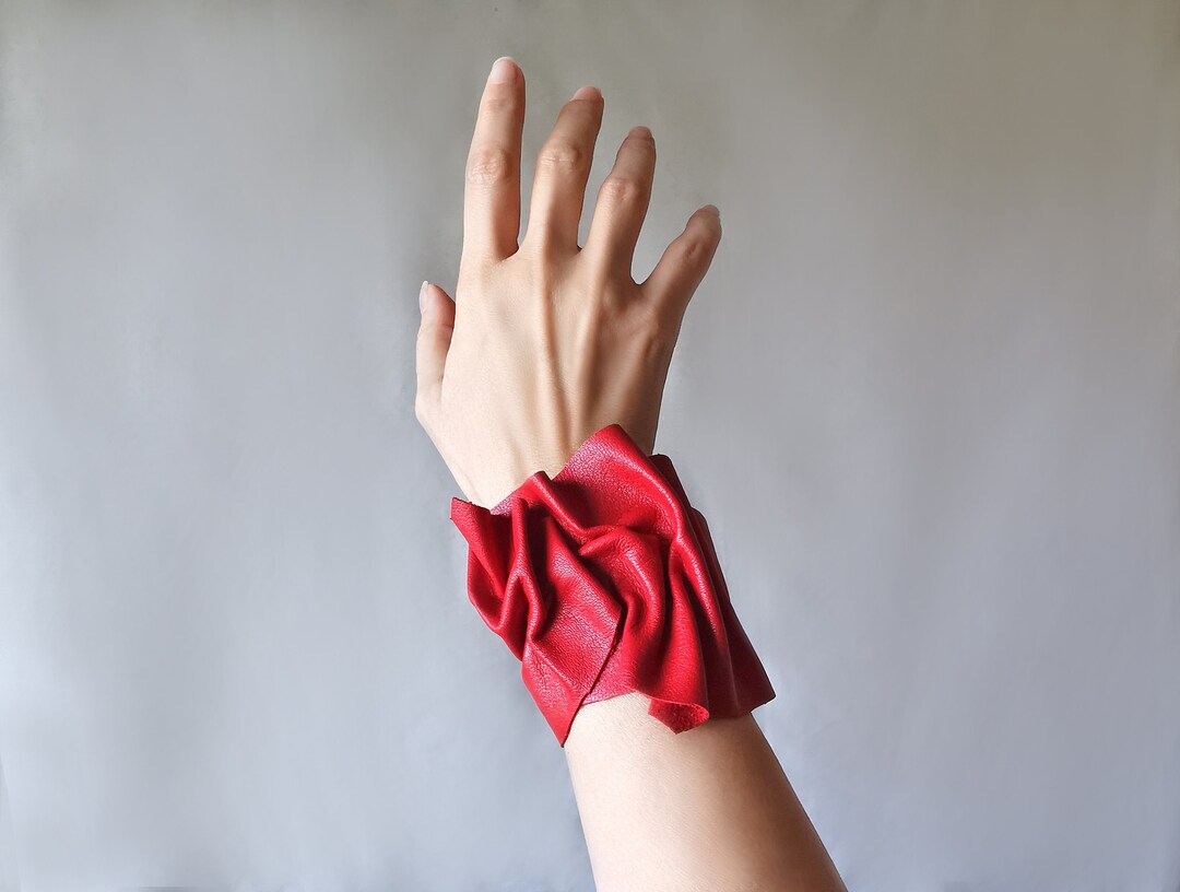 Red Genuine Leather Bracelet Cuff for Women Armband With Sculpted Folds ...