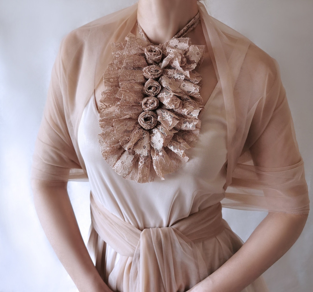 Edwardian Lace Ruffle Jabot With Roses in Taupe Nude Floral Lace Bib ...
