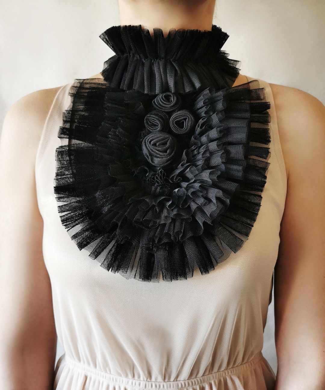 Victorian Gothic Jabot Black Tulle Ruffle Collar Roses Body Accessory ...