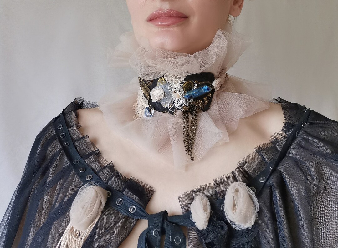 Ruffle Collar Steampunk Victorian Neck Cuff Nude Tulle and Brown ...