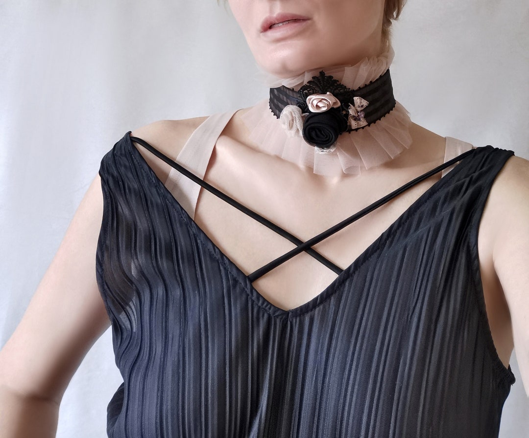 Dark Academia Collar Nude and Black Roses Victorian Costume Festival Ruff Collar Gothic Wedding ...