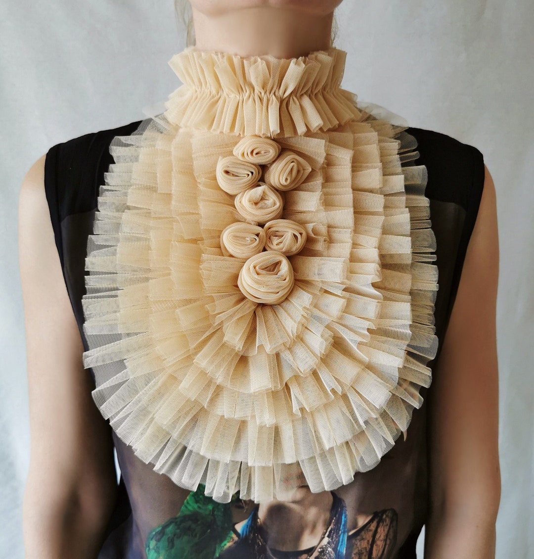 Victorian Jabot Beige Tulle Ruffle Neckpiece With Roses Chest Jewelry ...