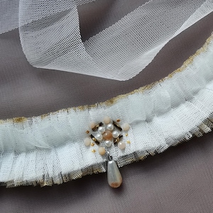 Ruffle Tulle Choker in White and Golden With Crystal Beads and Pearl ...