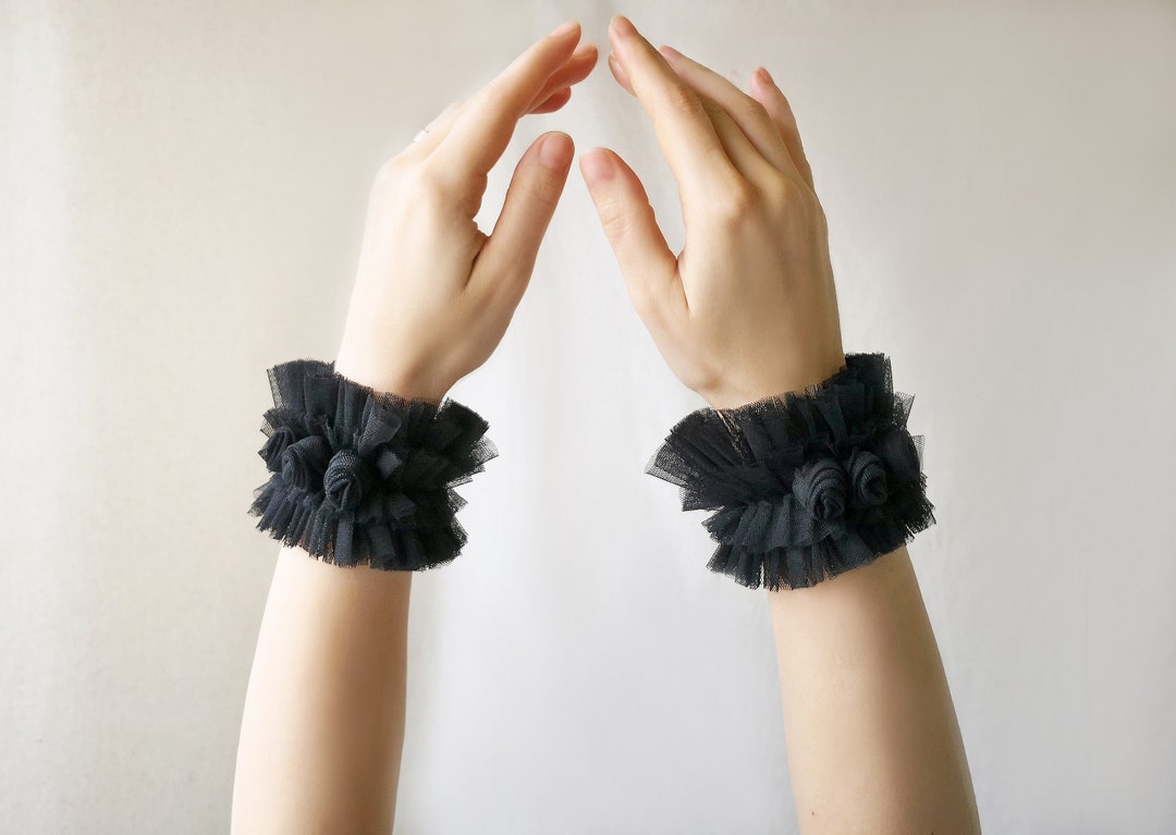 Roses Black Tulle Cuffs, Ruffle Wrist Cuffs, Cuffs Set, Victorian Cuffs ...