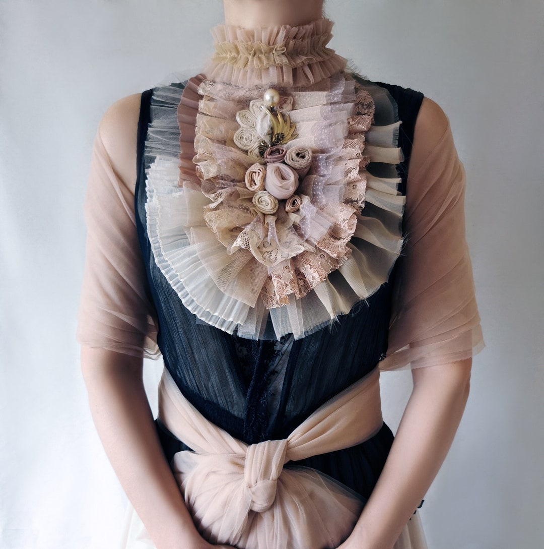 Nude Ruffle Jabot Roses Fairycore Costume Beige Silk and Lace Bib ...