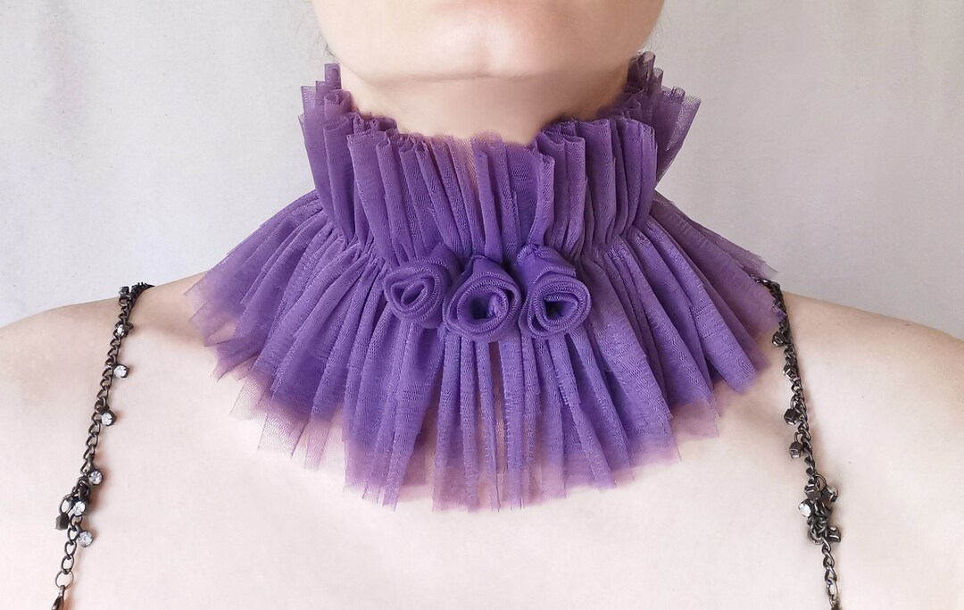 Victorian Roses Tulle Ruffle Collar in Purple, Layered Wide Neck Collar ...
